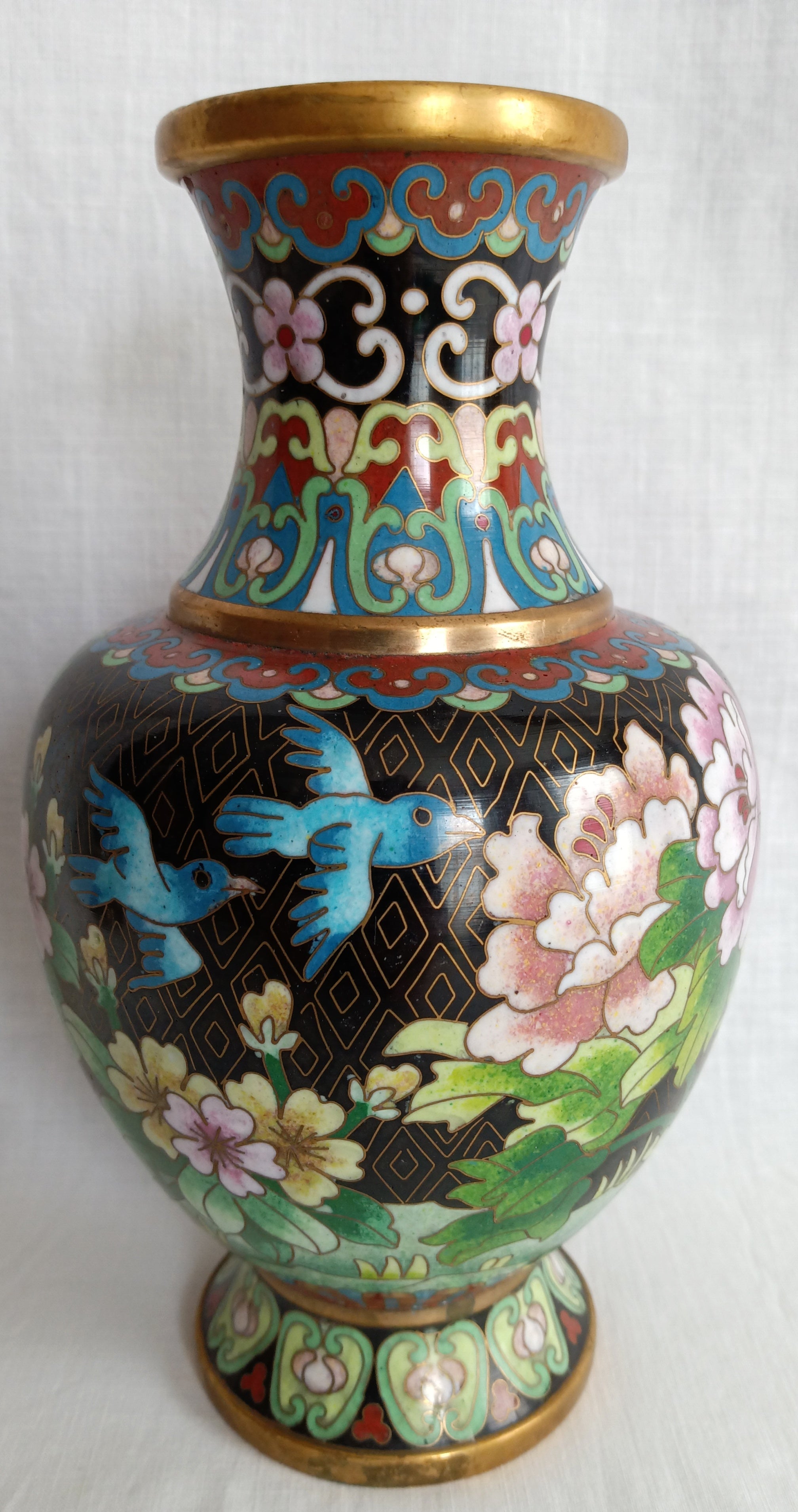 Vintage JINGFA Chinese Cloisonné Vase Colorful Enamel on Brass Blue Bi ...